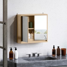 HOMCOM Koupelnová skříňka se zrcadlem, 2 dveřmi a nastavitelnou policí, závěsná koupelnová skříňka pro moderní koupelnu 48x14,5x45 cm, přirodní dřevo
