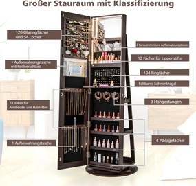 Costway Otočná skříňka na šperky o 360° s tříbarevnými LED světly Volně – hnědý