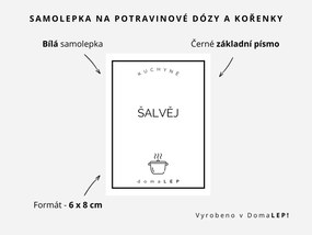 ŠALVĚJ - omyvatelná samolepka na kořenky, výběr rozměrů Ø 5 cm / 5 x 5 cm / 6 x 8 cm | DomaLEP tvar: OBDÉLNÍK, barva: BÍLÁ - ČERNÉ písmo, velikost: š. 6 cm x v. 8 cm – základní písmo