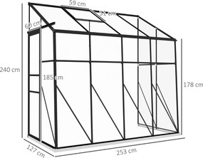 Přístěnné skleníky Outsunny, polykarbonátový zahradní skleník se skládacími dveřmi, 5 úrovní střešního větrání, hliníkový rám a základna, černý | Aoso