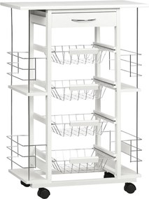 HOMCOM Kuchařský vozík na kolečkách s dlažkou a zásuvkou, 4 kovové košíky a 4 boční stojany na kořenky pro jídelnu, 57x37x83 cm Bílý | Aosom