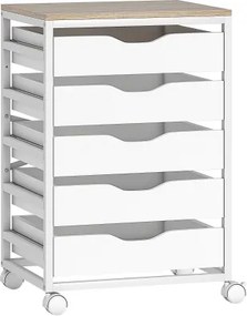HOMCOM Kancelářský kontejner na kolečkách, kancelářský nábytek se 5 zásuvkami z dřeva, zapuštěné úchyty, 50 x 40 x 74,5 cm, bílá
