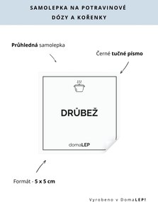 Samolepka na kořenky DRŮBEŽ průhledná 5 × 5 cm tučné písmo