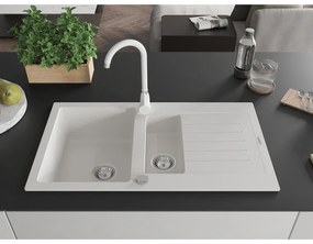 Mexen Matias, 1,5-komorový granitový dřez s odkapávačem 90x50 cm a kuchyňskou baterií Telma, bílá, 6502-20-670200-20