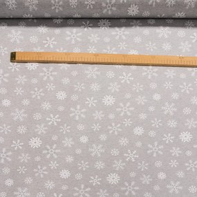 Ubrus látkový vánoční RESINATO, nešpinivý s akrylovým nástřikem, vločky na šedé, š. 140cm (metráž)