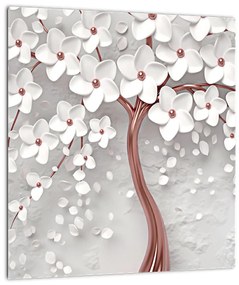 Obraz - Obraz bílého stromu s květinami, rosegold (30x30 cm)