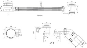 Erga Pureline, vanová odtoková a přepadová souprava, délka 650 mm, bowden, chromová, ERG-V08-PURELINE-SIPHON60-CR