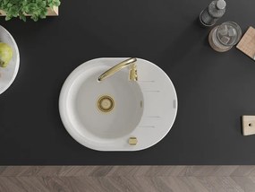Mexen Kevin, granitový dřez 586x458x190 mm, 1-komorový, bílá se zlatým sifonem, 6517581005-20-G