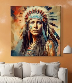 FeelHappy Obraz na plátně - Indiánská žena modré pírko Velikost obrazu: 100 x 100 cm