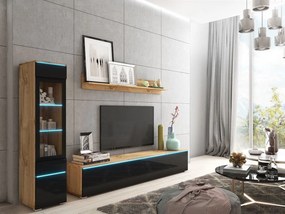 Moderní obývací stěna Vafo, wotan/černý lesk + LED podsvícení