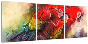 Obraz červených papoušků ara (s hodinami) (90x30 cm)