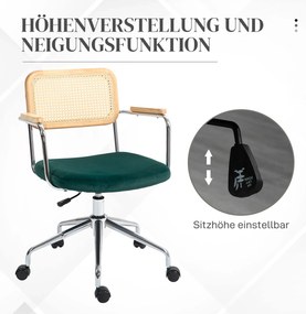 HOMCOM Kancelářská židle Boho, výškově nastavitelná kancelářská židle s područkami, houpací funkce, otočná židle, zelená| Aosom