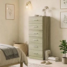 HOMCOM komoda se 6 zásuvkami, úložný nábytek, moderní design, do ložnice, předsíně, chodby, 40x40x110 cm, dub