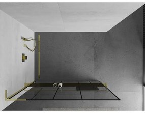 Mexen Kioto+ L, sprchová zástěna Walk-In s poličkou a věšákem 90 x 200 cm, 8mm čiré sklo černý vzor, ​​zlatý lesklý profil, 800-090-123-50-78