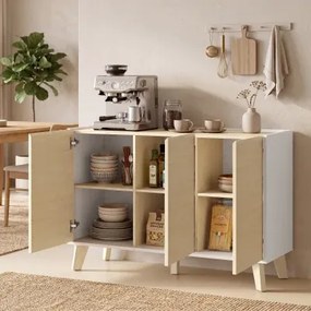 HOMCOM kuchyňské buffet, severský úložný nábytek, 3 dveře se soft-close, 6 přihrádek, přírodní vzhled dřeva a bílá