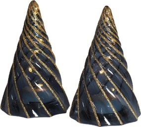 LED svítící stromeček na baterky skleněný, 6 × 11 cm, sada 2 kusy, 2× 5 led, černý, 2× CR2450