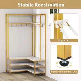 Costway Rohový věšák na kabáty s lavicí Věšák na šaty ve tvaru L s otevřenými
