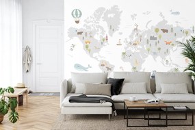 Fototapeta World Map With Cute Animals In Cartoon Style. Map For Nursery, Kids Room With Nature, Animals, Transports. Skandi Strukturální vinyl 312x219