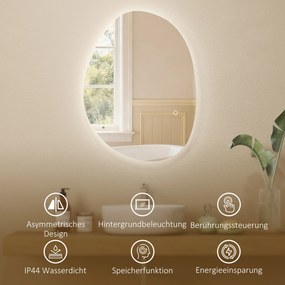 HOMCOM 70 x 50 cm asymetrické koupelnové zrcadlo s LED osvětlením, dotykový ovladač Smart Touch, proti zamlžení, stříbrná