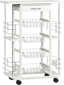 HOMCOM Kuchařský vozík na kolečkách s dlažkou a zásuvkou, 4 kovové košíky a 4 boční stojany na kořenky pro jídelnu, 57x37x83 cm Bílý | Aosom