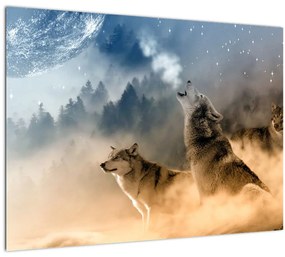 Skleněný obraz - vlci vyjící na měsíc (70x50 cm)