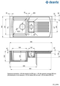 Deante Lusitano, keramický dřez 1000x500x240 mm + sifon, 1,5-komorový, bílá, ZCL_651N