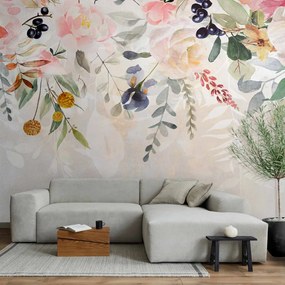 Fototapeta Jarní makové květy - akvarelové květiny a listy na béžovém pozadí