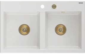 Mexen Hektor, 2-komorový granitový dřez 800x480x205 mm, bílá, zlatý sifon, 6521802000-20-G