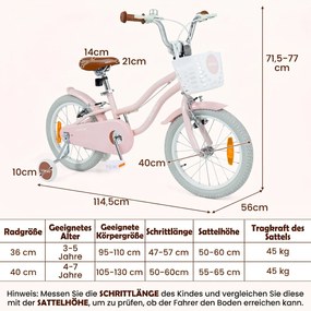 Costway 16 Inch dětské kolo s tréninkovými kolečky a košíkem Dětské – růžový