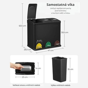 Koš na třídění odpadu SORT 24l (3x8l), černá SongmicsHome