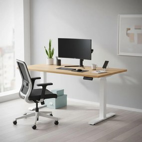 Výškově nastavitelný stůl OfficeTech D, 140 x 80 cm, bílá podnož, dub zlatý