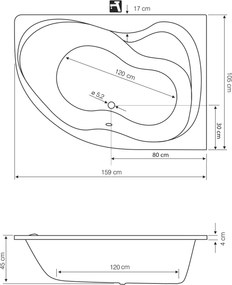 Aqualine Cidlina G3614 asymetrická vana 160 x 105 cm akrylátová pravá
