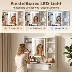 HOMCOM Toaletní stolek se zrcadlem a LED osvětlením, kadeřnický stolek se 2 zásuvkami, otevřenými přihrádkami a 8 háčky, bílá