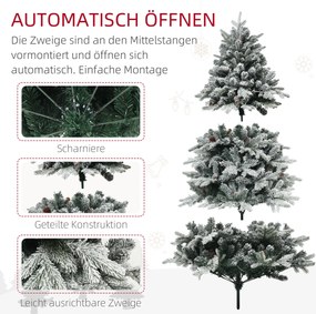 HOMCOM Umělý vánoční stromek, 180 cm, LED světla, pokrytý sněhem, nehořlavý, kov