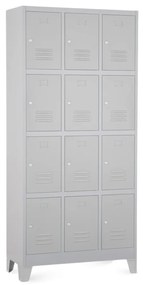 Kovová šatní skříňka - 12 boxů, 90 x 40 x 195 cm, pevné nohy, cylindrický zámek, světle šedá - ral 7035