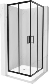 Mexen Rio, čtvercový sprchový kout s posuvnými dveřmi 80 x 80 cm, 5mm čiré sklo, černý profil + bílá vysoká sprchová vanička Rio, 860-080-080-70-00-4510