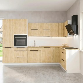 Kuchyňská linka CREMONA bc | 330x150 cm | ve tvaru L | UNI provedení | zásuvky PREMIUM BOX | bílá/cremona