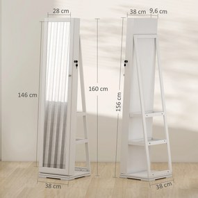 HOMCOM stojací zrcadlo na šperky, šperkovnice, 360° otočná šperkovnice se zámkem, zadní police a vestavěné malé zrcadlo 38x38x160 cm, bílá žilkovaná