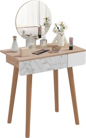 HOMCOM Toaletní stolek s kulatým zrcadlem Ф39cm, Toaletní stolek se zásuvkou s dekorací džungle, Bílý a dubový, 70x39x119-128cm | Aosom