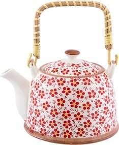 Porcelánová konvička se sítkem červená kvítka - Ø 14*14 cm / 0,7L