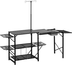 Outsunny 3-vrstvý skládací kempingový stůl s úložnými policemi, umyvadlem, stojanem na lampu a taškou pro venkovní použití 173x51x78-175 cm Černá | Ao