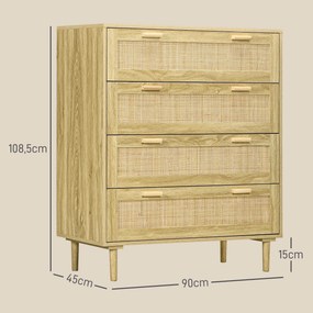 HOMCOM Komoda s 4 zásuvkami v boho stylu s ratanovým předním panelem, světle dřevěná, 90Š x 45H x 108,5V cm