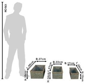 3ks dekorační plechový antik obal na květináč ve tvaru kufru – 46x27x16 / 41x22x14 / 36x17x12 cm