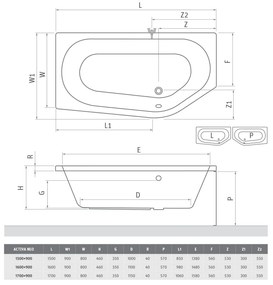 Roth Asymetrická akrylátová vana ACTIVA NEO Varianta: rozměry: 150x90 cm, orientace: Pravá - (ACTIVA NEO 150 P - 9850000)