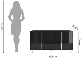 Komoda SKANDICA DANCAN 137,5 cm, černá a zlaté kovové nohy SKANDICA 3717