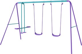 Outsunny Zahradní Houpačka z Kovového Rámu s Nastavitelnou Výškou pro Děti od 3 Let s Dvojitou Houpačkou pro Terasu 280x140x176 cm Modrá a Fialová | A