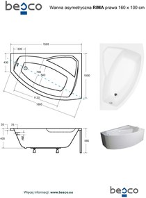 BESCO Asymetrická vana RIMA Nožičky k vaně - S nožičkami, Rozměr vany - 160 × 100 cm, Způsob provedení - Pravé - VANRIM160P+OLVPINOZ