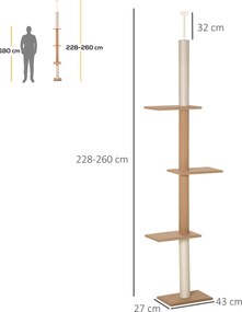 PawHut škrabadlo stropní vysoké 228-260 cm výškově nastavitelný šplhací strom pro kočky strom na hraní v khaki barvě | Aosom.de