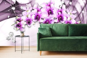 Samolepící tapeta fialové květiny na abstraktním pozadí - 450x300 cm