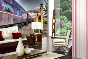 DIMEX | Samolepicí vliesová fototapeta na zeď Fialový vlak ve stanici MA-5-2900 | 375 x 250 cm | fialová, oranžová, šedá
